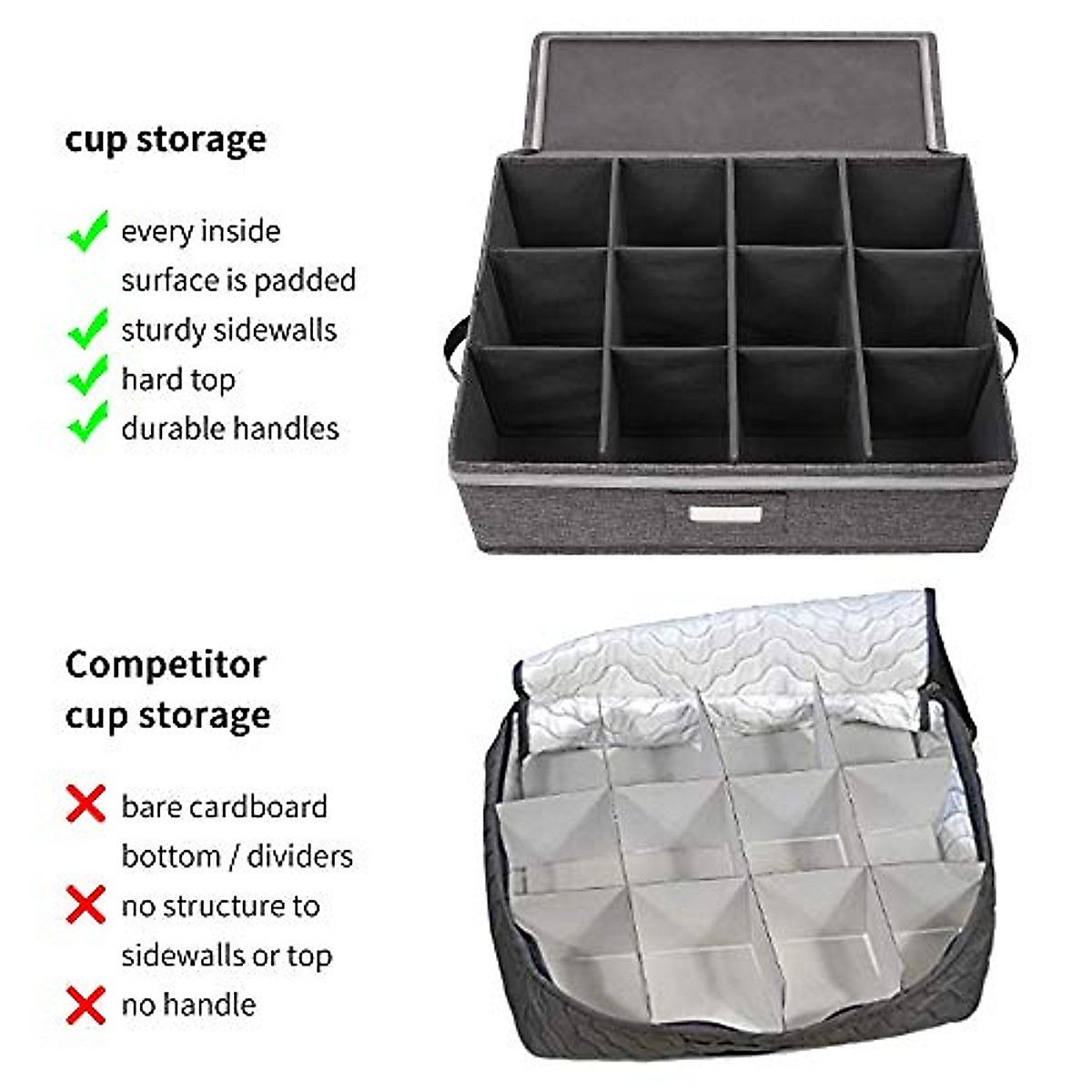 popoly Cup and Mug Storage Box, China Storage Containers Chest with Zipper Lid and Handles, Holds 12 Coffee Mugs and Tea Cups, Hard Shell and Stackable(Grey)
