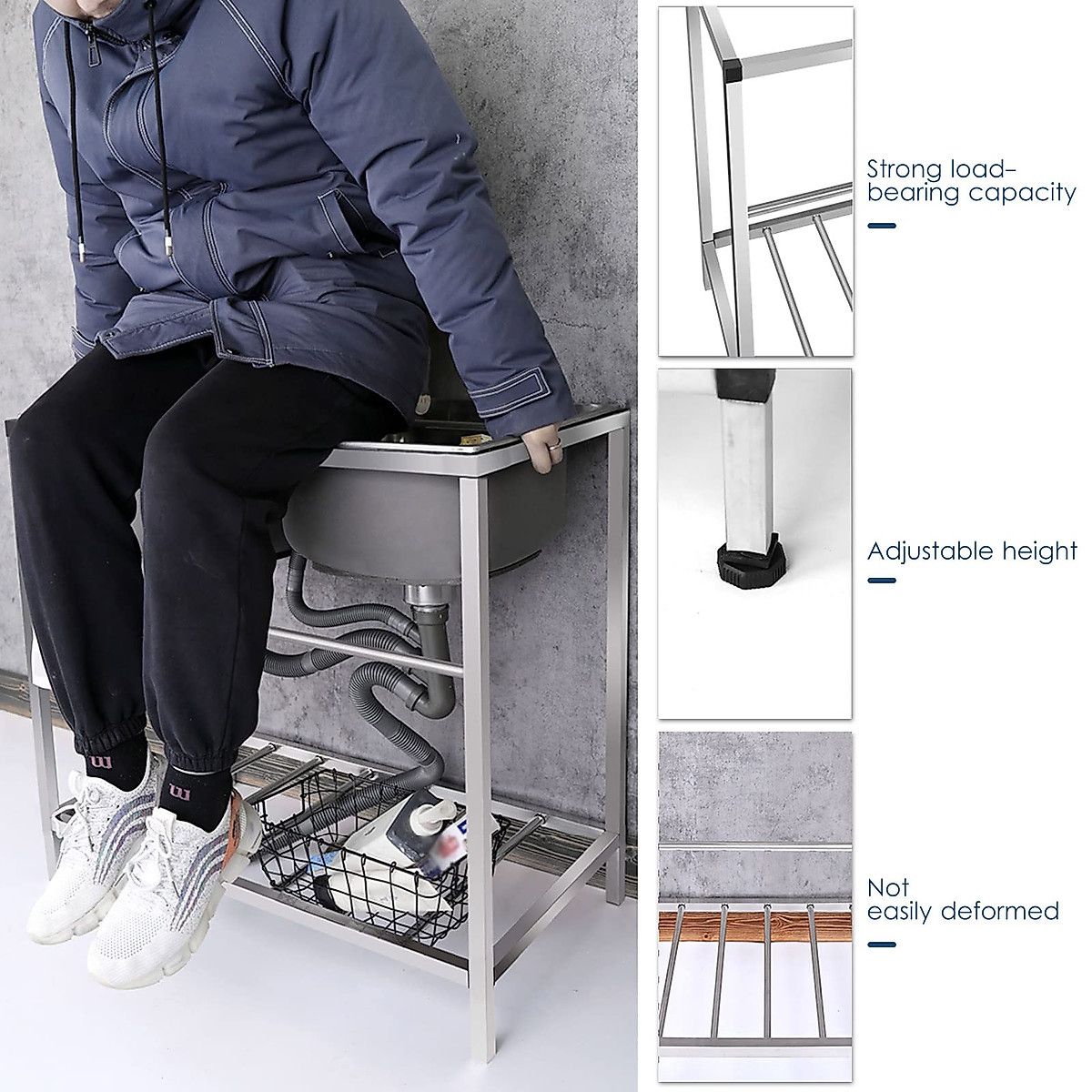 Outdoor Utility Sink Stainless Steel Double Bowl Sink Free Standing Commercial Restaurant Kitchen Sink with Hot and Cold Faucet for Laundry,Garage,Cafe Bar 32.7" x 17.3" x30.3"