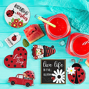 Maitys 15 Pieces Ladybug Tiered Tray Decor Set Spring Summer Wooden Blocks Sign Rustic Farmhouse Decor Ladybird Tiered Tray Decorative Trays Signs for Home Kitchen Shelf Table Decorations
