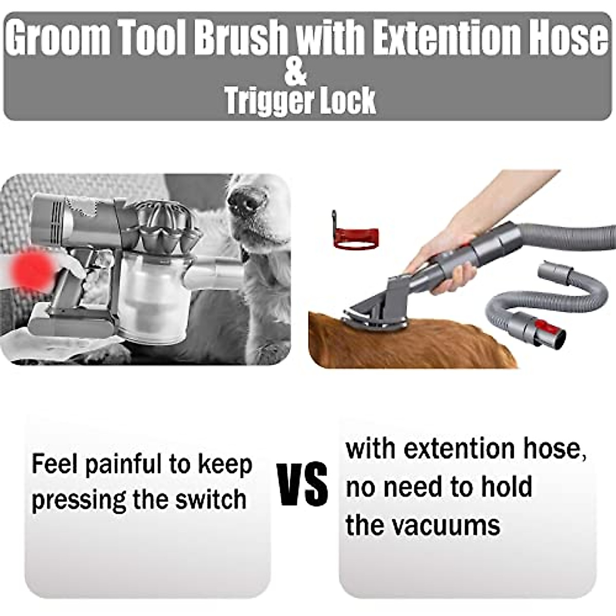 TPDL Groom Tool Dog Pet Attachment Brush Compatible with Dyson V7 V8 V10 V11 V12 V15 Vacuum Cleaner with Trigger Lock (Brush+Extention Hose+Trigger Lock)