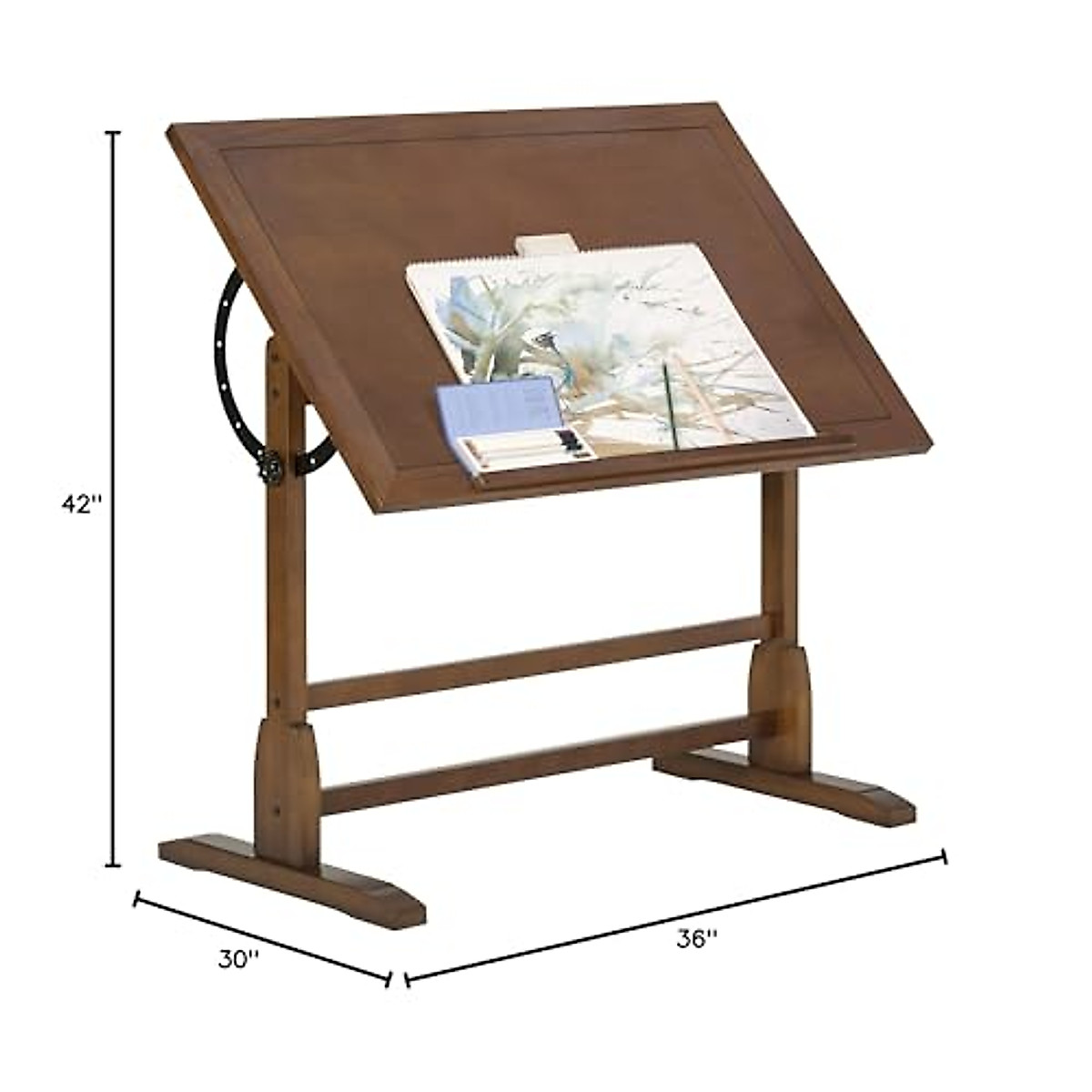 Studio Designs Vintage Drafting Table + Swing Arm Lamp Bundle | Solid Wood Table with Built-in Pencil Groove + Flexible Steel Spring Lamp with Clamp
