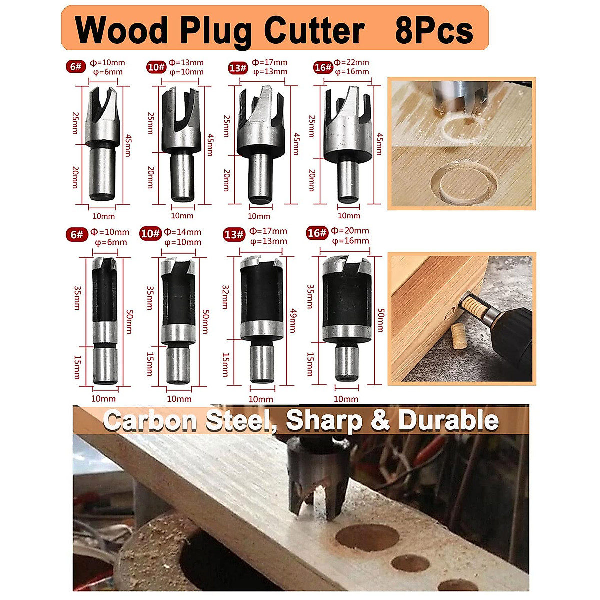 SHITIME 34 Pack Wood Working Chamfer Drilling Tools, 6 Countersink Drill Bit Set, 7 Counter Sinker Drill Bit Set, 8 Plug Cutters for Wood, 8 Drill Stop Bit Collar Set and 3 Step Drill Bits.