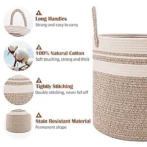 Brown Woven Rope Laundry Basket by TECHMILLY, 42L Baby Nursery Hamper for Clothes Blanket Storage, Large Tall Laundry Hamper for College Dorm, Bedroom, Living Room