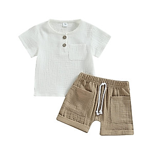 fhutpw Baby Boys 2Pcs Summer Outfits Short Sleeve T-Shirt Tops Elastic Waistband Shorts Set Toddler Clothes (Linen White + Light Khaki, 2-3 Years)