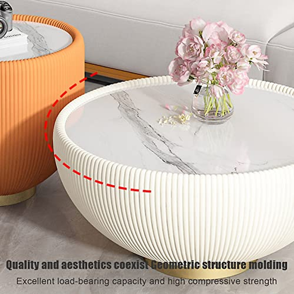 Modern Round Coffee Table, Marble Pattern Tabletop Leather Edge Sofa End Table with Metal Base,Luxurious Side Table for Home Decor Living Room(28x14.2, White)