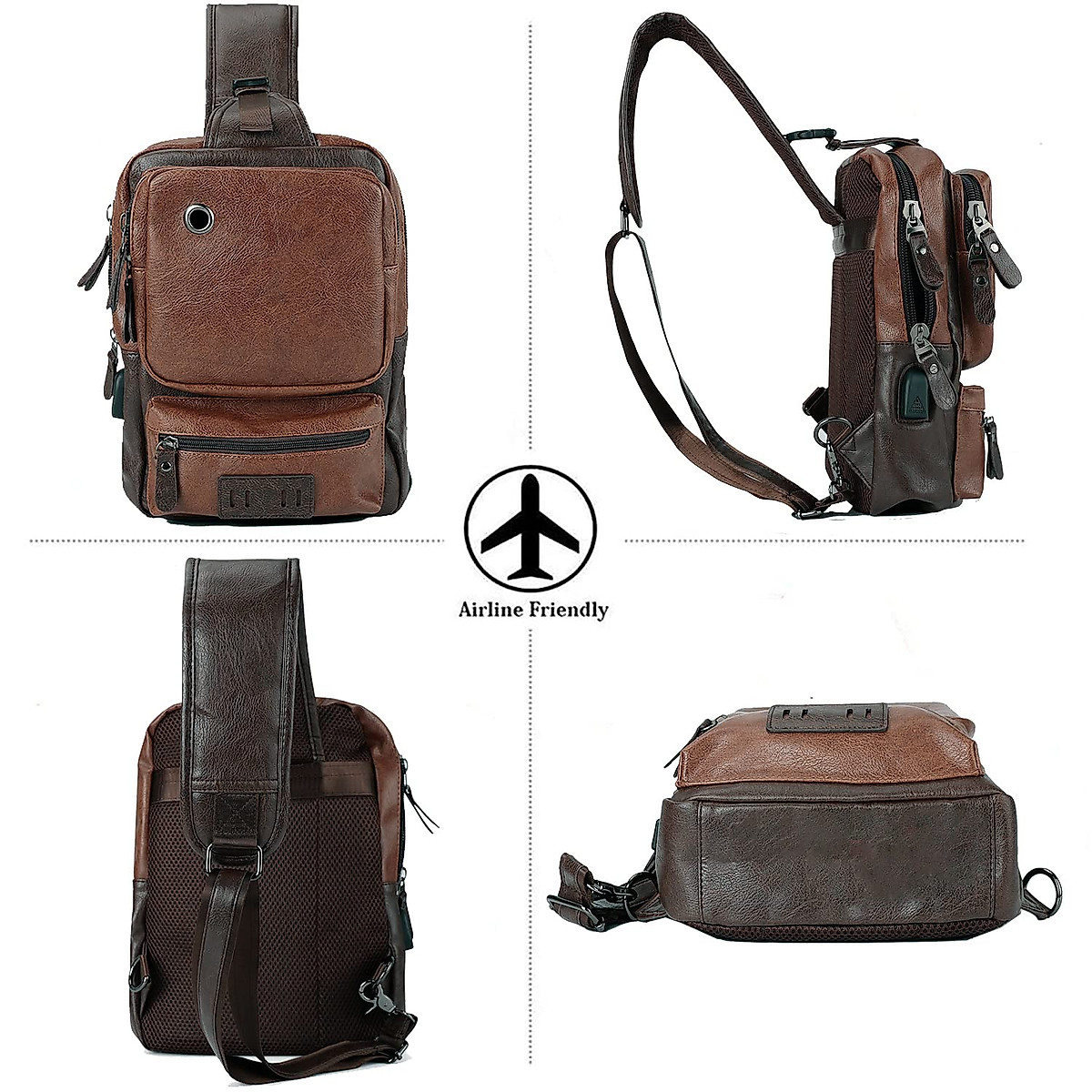 AONETIGER Small Brown Sling Crossbody Backpack Shoulder Bag, Vintage PU Leather Casual Daypack Rucksack with USB Charger bag for Men Women