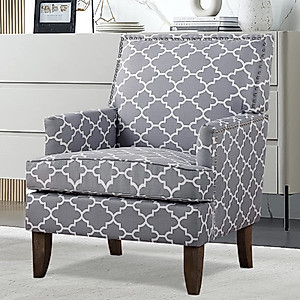 KUVENQIW Modern Accent Chairs,Nailhead Trim Club Chair，Linen Fabric Sofa Chair，Upholstered Button Tufted Armchair，Reading Chair (Grey Pattern)