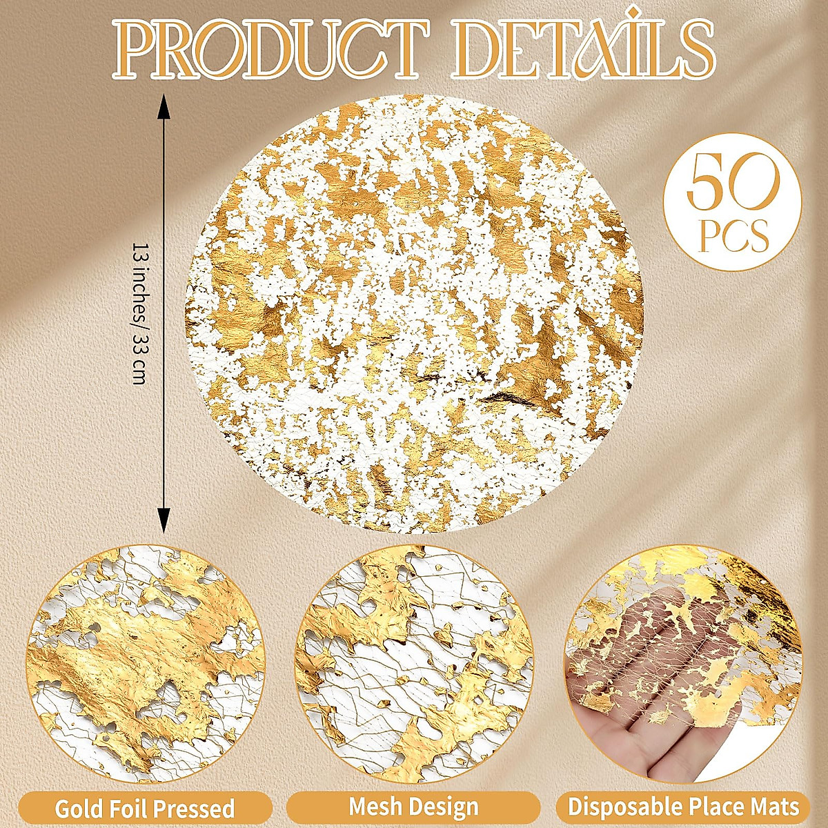 Sunnychicc 50 Pcs Disposable Gold Placemats Set 13 Inch Round Gold Foil Mesh Pressed Table Doilies Gold Metallic Thin Mesh Table Runner for Home Decoration Dining Table Wedding Birthday Party