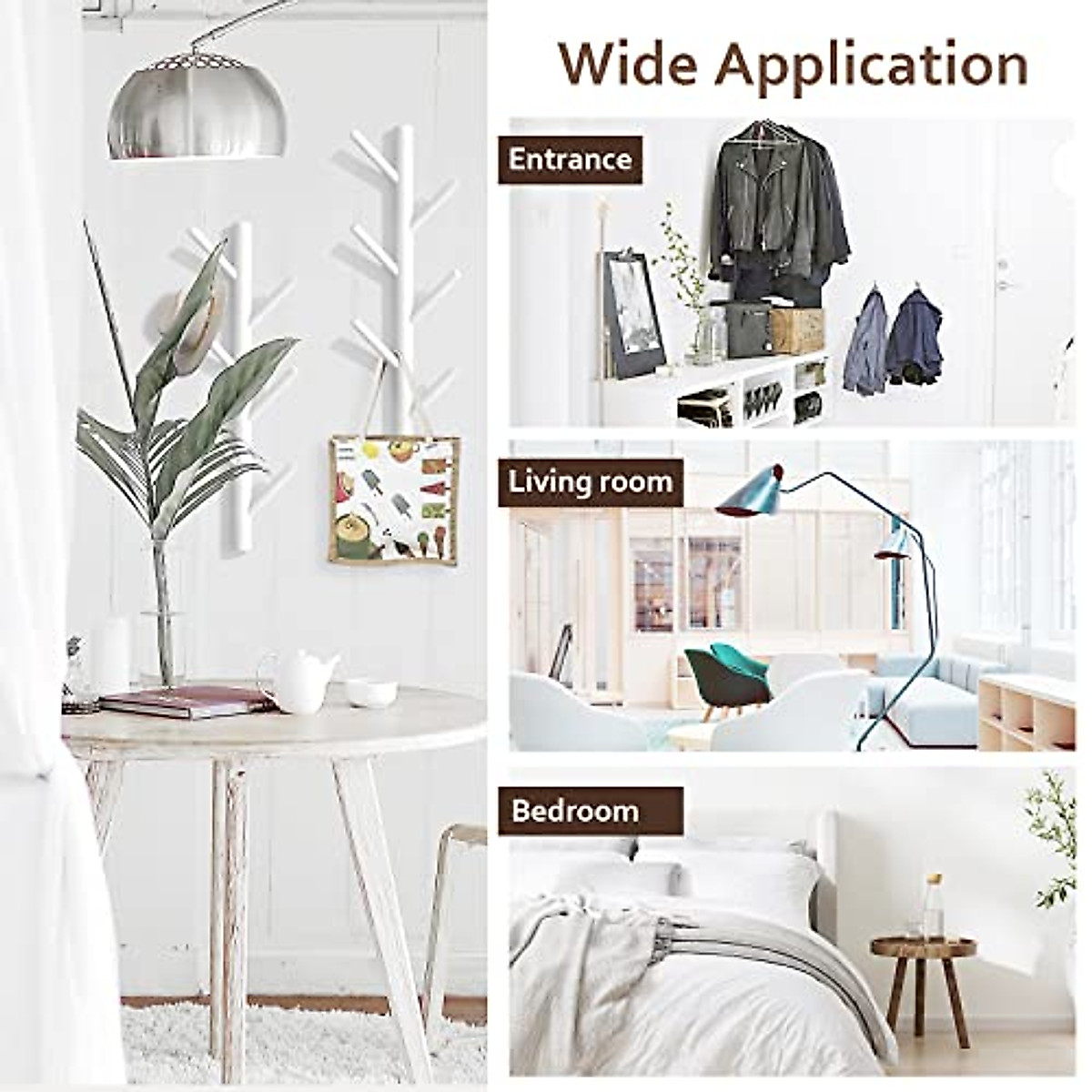 6 Hooks Hanging Modern Wall Mounted Coat and Hat Rack,Wood Hook Wall Decor Hanger for Bedroom and Entryway，Heavy Duty Easy Assembly - 2 Pack White (24 inch)