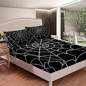 Spider Web Sheets Twin Size Halloween Decorations Bed Sheet Set for Kids Teens Boys Girls Women Men Black White Bed Sheets Spiderweb Bedding Fitted Sheet Bedroom Decor Flat Sheets 3Pcs