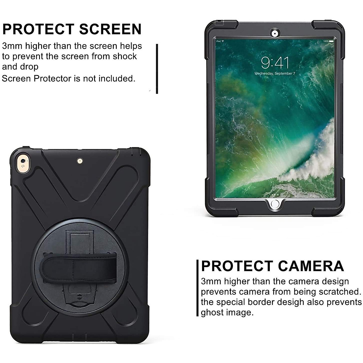 TSQ Case for iPad Air 3 10.5" 2019/ Pro 10.5 Inch Case 2017 | Military Grade Heavy Duty Rugged Protective Kids Case with Rotating Stand, Hand/Shoulder Strap, Cover for iPad Air 3rd Generation | Black