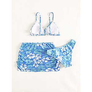 COZYEASE Girls' 3 Piece Set Floral Print Bikini Swimsuit with Drawstring Beach Skirt Cute Ruched Bathing Suit Multicolor Blue 14 Years