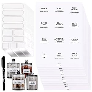 245pcs Home Laundry Cleaning Linens Printed Labels Minimalist Kitchen Bathroom Labels for Storage Easy Read - Writable Waterproof Labels Stickers with Pen(Jars not Included )