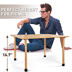 Tirrinia 26x26in Bamboo Picnic Table with Carrying Bag + Free Picnic Pad, Outdoor Portable All-Purpose Table for Concerts, Camping, Beach, Tailgating, Patio, Kitchen, Living Room