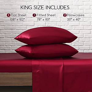MR&HM Satin Bed Sheets, King Size Sheets Set, 4 Pcs Silky Bedding Set with 15 Inches Deep Pocket for Mattress (King, Burgundy)