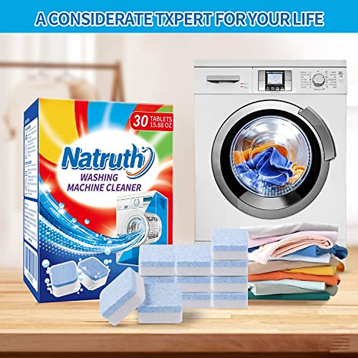 NATRUTH Washing Machine Cleaner Descaler 30 Pack,Triple Decontamination Remover with Natural Formula,Deep Cleaning Tablets For HE Front Loader & Top Load Washer
