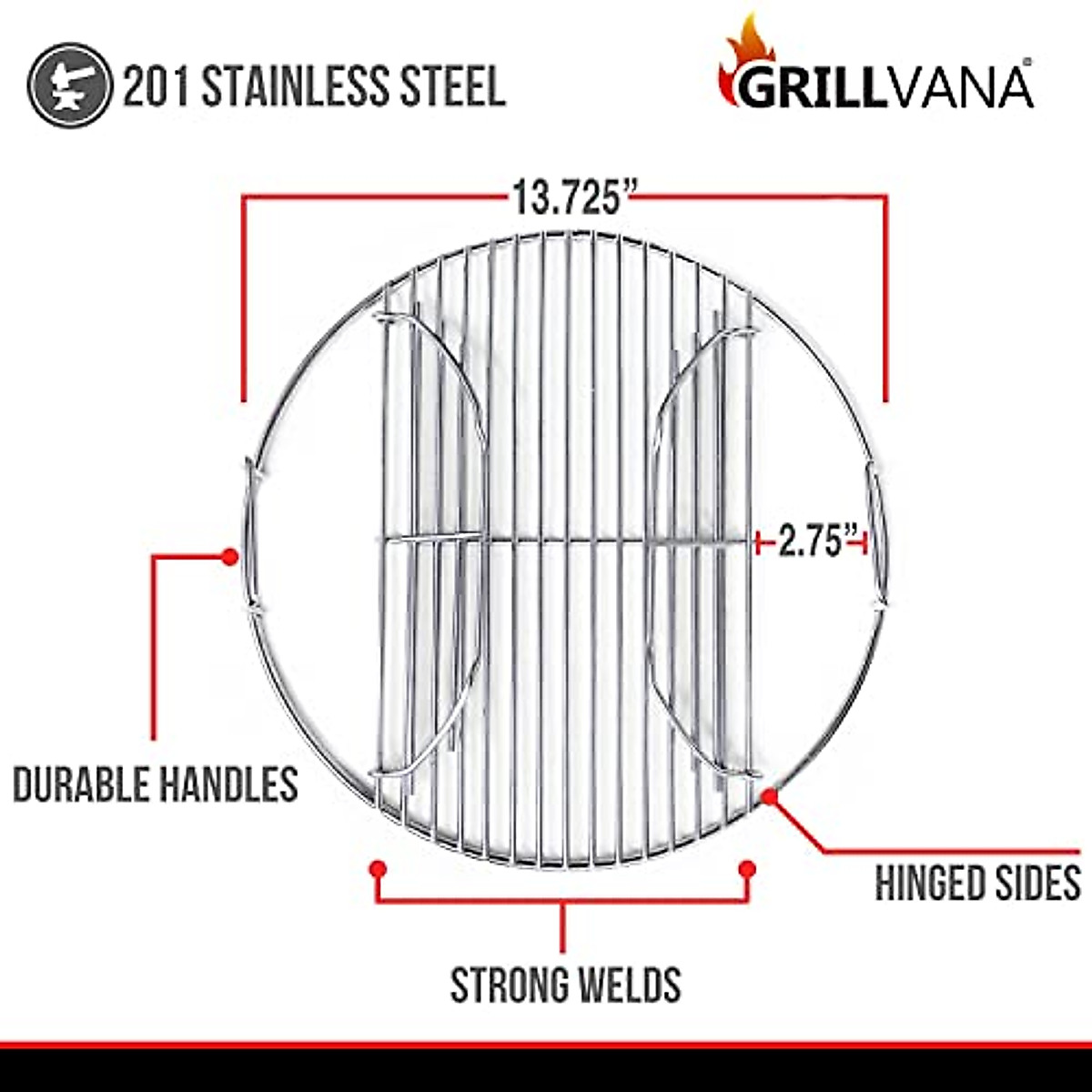GRILLVANA 201 Stainless Steel Charcoal Grill Cooking Replacement Grate (ACTUAL DIAMETER 13.72 INCHES) With handles and hinges - Compatible with Weber 14" Smokey Joe