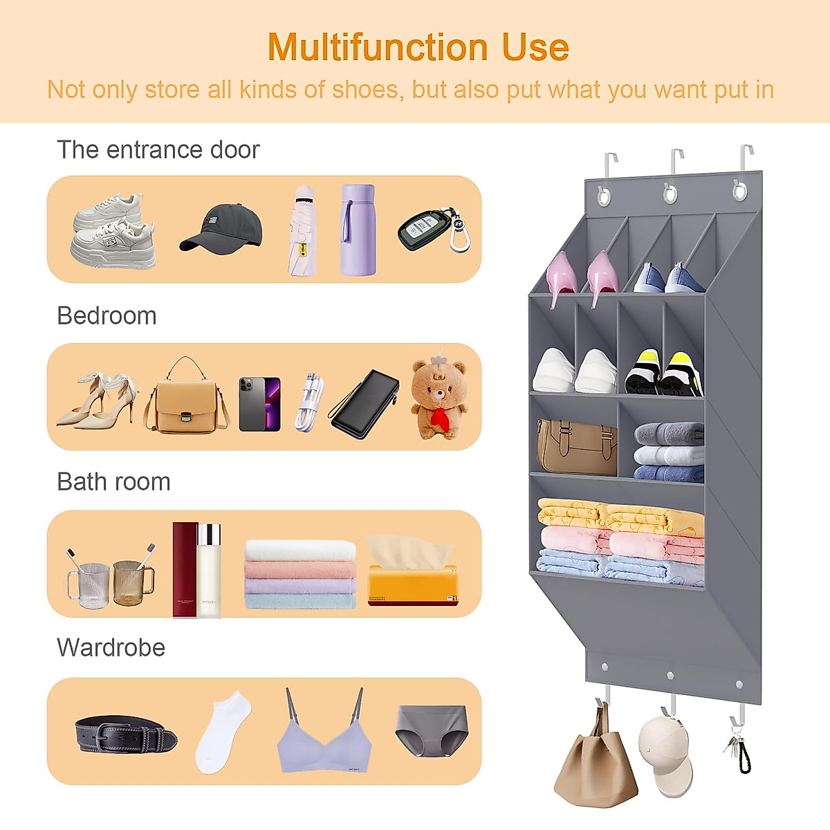 QINGUANG Over the Door Shoe Organizer for Closet, 1 Pack Hanging Shoe Rack, Oxford Fabric Shoe Storage Organizer, Shoe Holder Behind the Door with 11 Pockets,6 Hooks Each, Grey