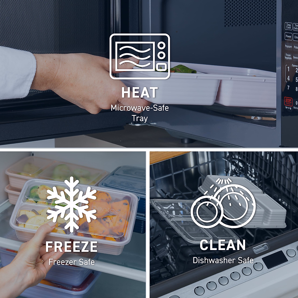 Bentgo Prep 3-Compartment Meal-Prep Containers with Custom-Fit Lids - Microwaveable, Durable, Reusable, BPA-Free, Freezer and Dishwasher Safe Food Storage Containers - 10 Trays & 10 Lids (Navy Blue)