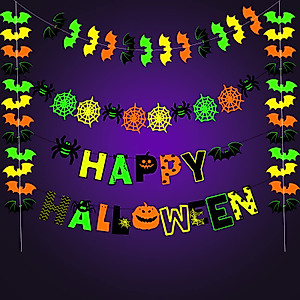 Halloween Party Decoration Garland, Fluorescence Happy Halloween Banner, Green Orange Bat Spider Web Garland Streamers Glow in the Dark Hallows Eve Favors, Halloween Bunting Banner Home Wall Decor