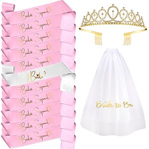 Jutom 14 Pcs Bachelorette Party Bridal Shower Decorations Kit, Include Bride Sash Bachelorette Sash Gold Rhinestone Crown Wedding Veils for Brides Bridesmaids Gift Wedding Bachelorette Party Supply