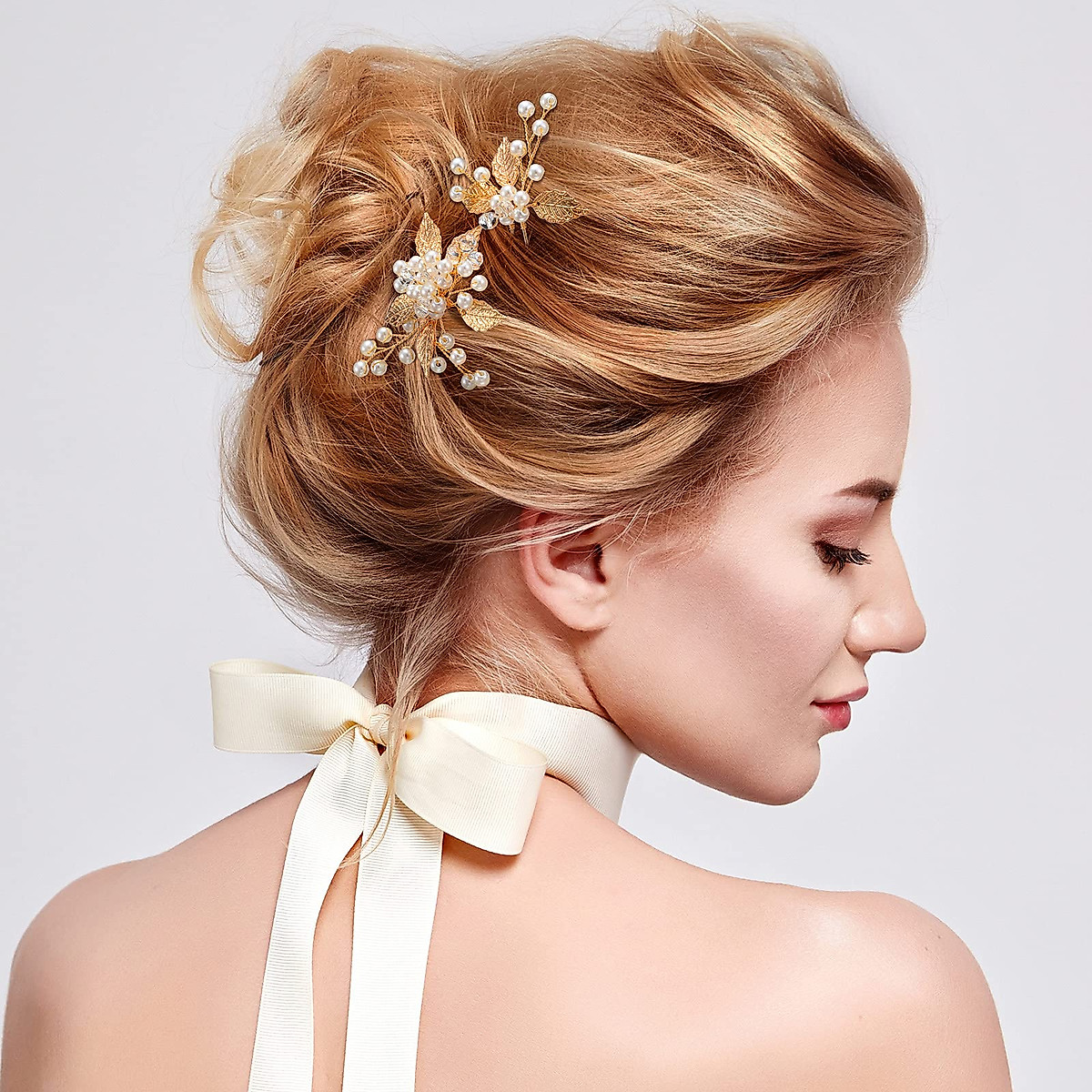 Waydress 6 Pcs Wedding Pearl Hair Pins Floral Hair Accessories Gold Leaf Head Piece Bridal Wedding Hair Clips for Women
