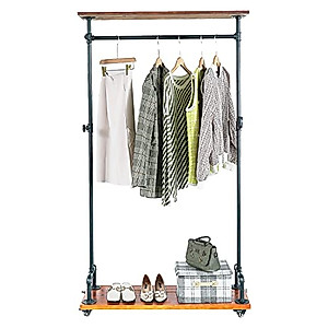ZYUXUAN Industrial Wood Pipe Clothing Rack, Rolling Garment Rack Clothes Rack Pipeline Vintage Pipe Rack Closet Organizer Steampunk Decor a Rack, Retro Black (2-Tier Garment Rack)
