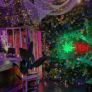 Moodlion Open Neon Sign, Neon Signs for Wall Decor, Dimmable Neon Green Leaf LED Signs for Bedroom Aesthetic, Light Up Neon Signs for Hotel Beer Bar Man Cave Club Pub Party Decorations