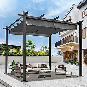 10x10ft Pergola Retractable Pergola Canopy，Aluminum Pergola Shelter with Polyester Sun and Rain-Proof Canopy,Aluminum Outdoor Pergola for Patio,Yard and Garden（Grey）