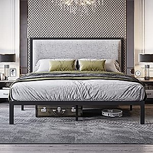 Allewie Queen Size Platform Bed Frame with Upholstered Headboard, Metal Structure, Wood Slat Support, Mattress Foundation - No Box Spring Needed - Grey