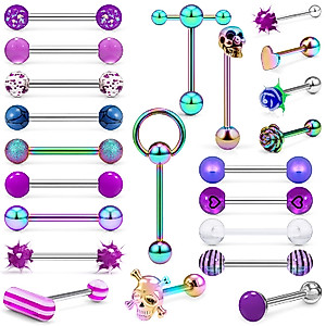 Leiainely Tongue Rings Piercing Jewelry for Women Men Work 14g 14 Gauge Cute Green Rainbow Surgical Stainless Steel Metal Clear Plastic Acrylic Rubber para La Lengua Aretes Tounge Barbell Balls Set