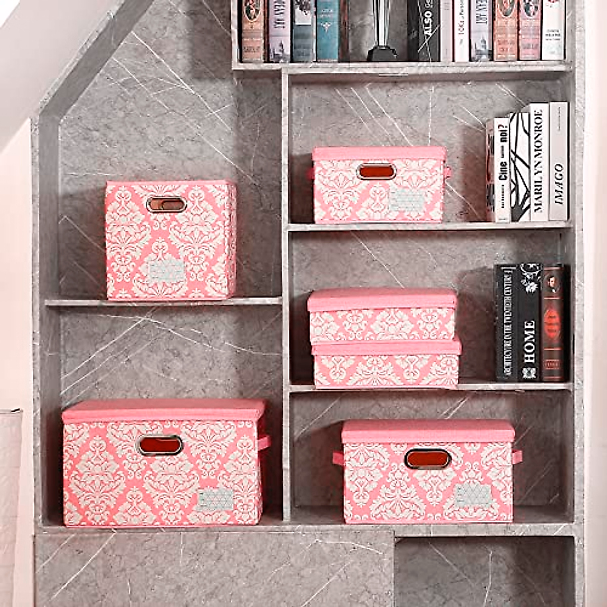 SEEKIND Storage Box, Decorative Storage Bins with Lid,6 in 1 Set,with Handles,Foldable for Space Saving Storage Boxes,for Bras，Clothes, Cosmetic,Blankets (Pink) …