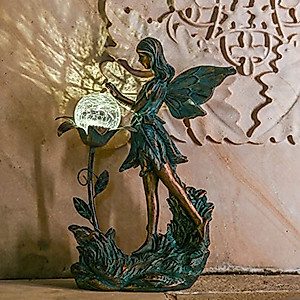 TERESA'S COLLECTIONS Large Garden Fairy Outdoor Statue, Solar Garden Sculptures & Statues with Crackle Glass Globe, Bronze Patina Garden Art for Lawn Patio Balcony Decor 13.2 inch