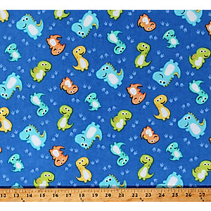 Flannel Dinosaurs Dinos Baby Animals Prehistoric Age Kids Children's Blue Cotton Flannel Fabric Print by The Yard (0994-77)