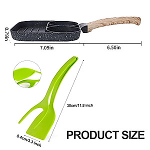 Divided Cast Iron Skillet & 2-in-1 Egg Spatula, 7-Inch Cornbread Cast Iron Skillet Divided, Square Grill Pan, 3-Section Versatile Breakfast Skillet, Suitable for Fried Eggs, Steak, Bread, Bacon