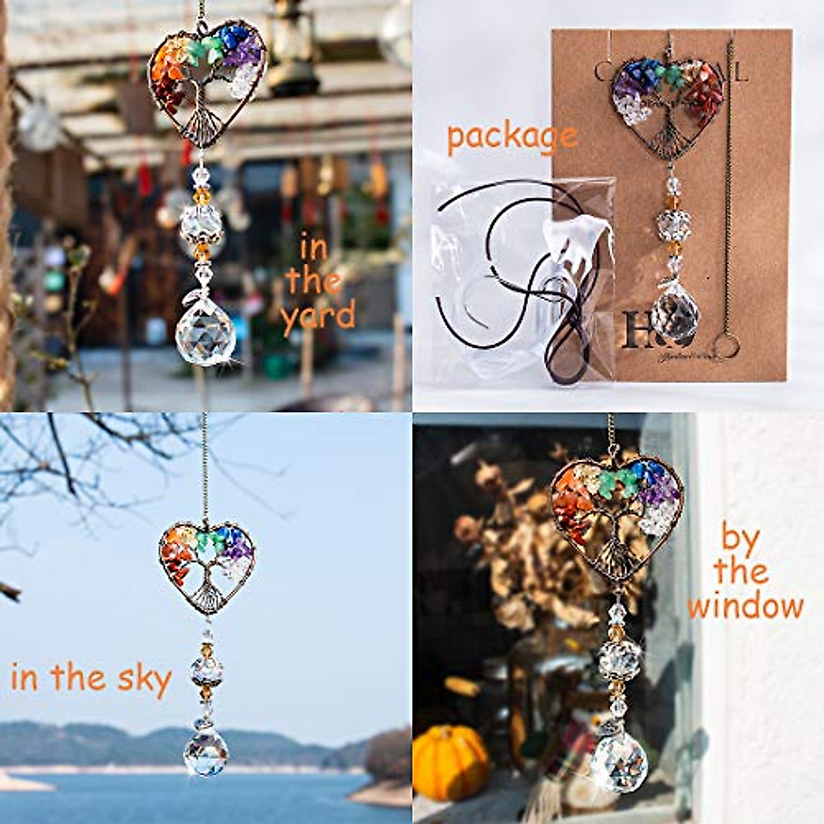 H&D HYALINE & DORA Suncatcher Window Hanging Tree of Life Heart Shaped Crystal Ball Prism Drop Pendant