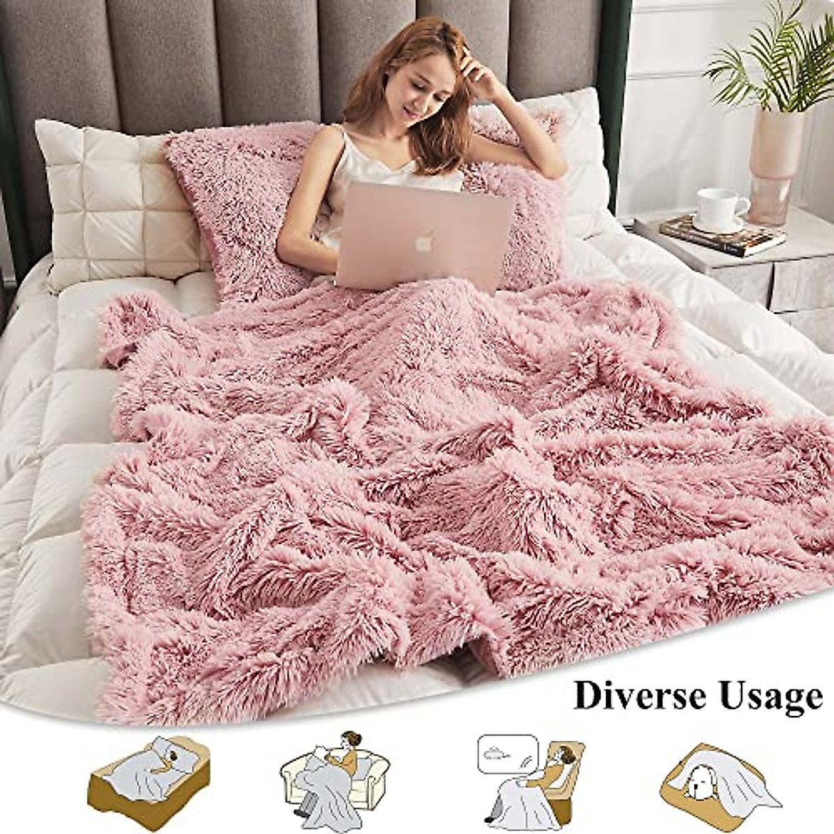 XeGe 3 Pieces Soft Faux Fur Throw Blanket Set, Fluffy Furry Blanket 50x60, Shaggy Plush Fuzzy Blanket with Set of 2 Throw Pillow Covers 20x20 for Bed Couch Sofa Living Room Office Dorm, Pink Ombre