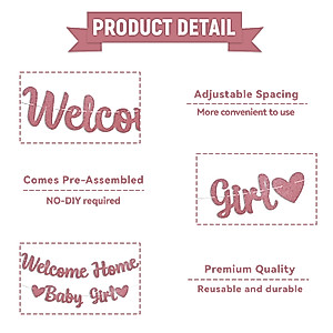 Welcome Home Baby Girl Banner - Pink Baby Shower Decorations for Girl, Gender Reveal Baby Shower Inside Outside Decoration Rose Gold Glitter