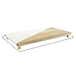Creative Co-Op DF2367 Mango Wood & Marble Cutting Board/Serving Brass Feet Pedestal Tray, White
