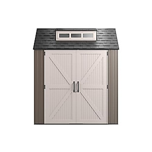 Rubbermaid Large Resin Outdoor Storage Shed With Floor (7 x 7 Ft.), Weather Resistant, Brown, Organization for Home/Lawn Mower/Backyard Equipment/Bike Storage/Pool Supplies