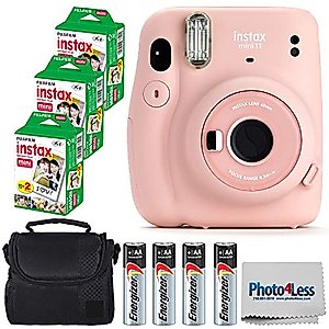 Fujifilm Instax Mini 11 Instant Camera - Blush Pink (16654774) + Fujifilm Instax Mini Twin Pack Instant Film (60 Sheets) + Batteries + Case - Instant Camera Bundle