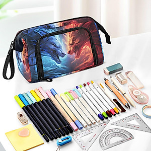 Big Capacity Pencil Case, Blue Red Dragon Pen Bag Pouch Holder Stationery Bag School College Office Organizer for Teen Adults Student