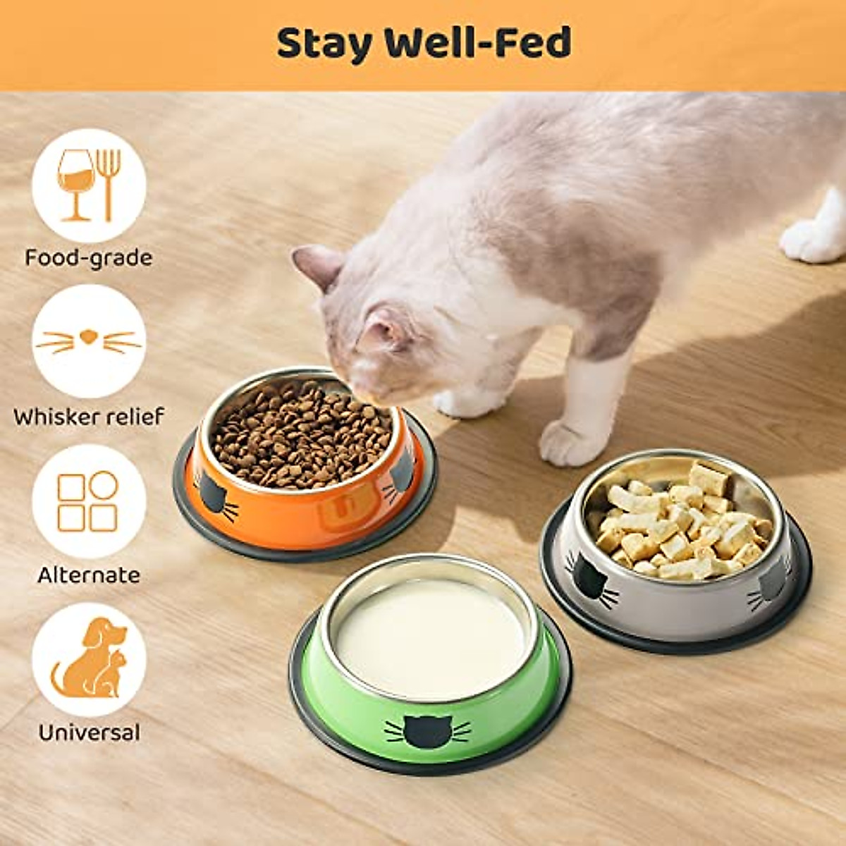 Legendog Cat Bowl Pet Bowl Stainless Steel Cat Food Water Bowl with Non-Slip Rubber Base Small Pet Bowl Cat Feeding Bowls Set of 3 (Multicolor)