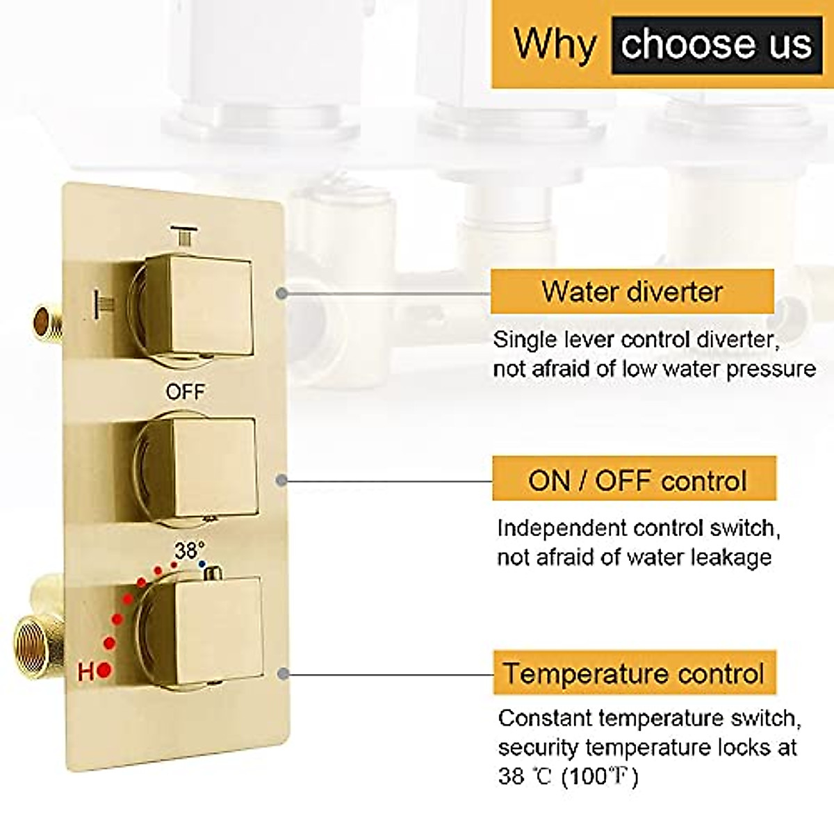 Brushed Gold Rain Shower System - 16 inch Ceiling Square Rainfall head with Handheld Spray and Full Body Massage Multi Jets Thermostatic Brass Valve Kit, Faucets Sets Complete Combo