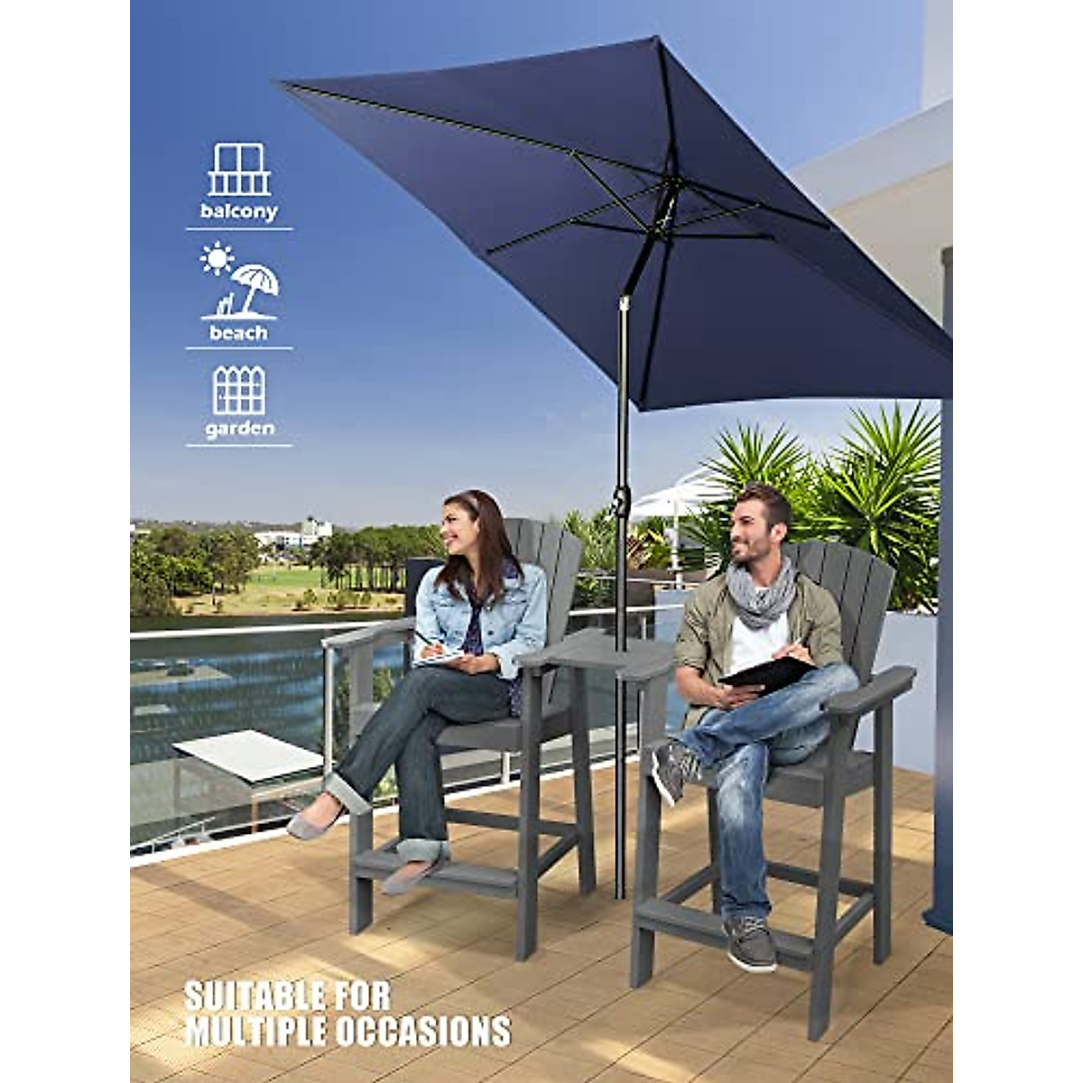 MARVOWARE Tall Adirondack Chairs Set of 2, Balcony Chair with Connecting Tray, 27.6 Inch Seat Height Outdoor Barstools, HDPE Plastic Patio Stools with Umberlla Hole Outdoor Patio Lawn