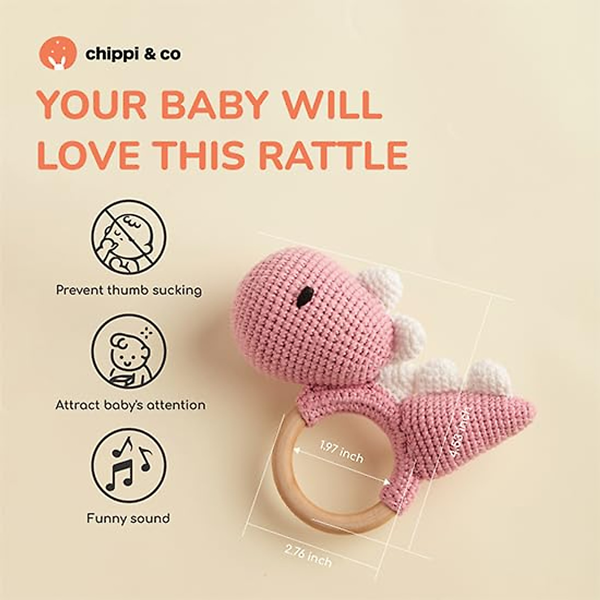 Chippi & Co Wooden Crochet Baby Rattle, Crochet Toys Stuffed Animals Easter Gifts for Kids, Newborn Toys, Unique Easter Basket Stuffers, Basket Filler, Cute Baby Shower Decor (Didi The Pink Dinosaur)