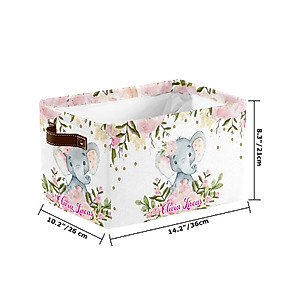 Rose Floral Elephant Personalized Storage Basket,Custom Storage Bins Cubes Organizer with Handle for Bedroom Wardrobe,Nursery,Basket 1 Pack