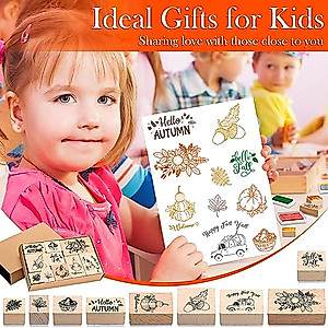 Woanger 15 Pcs Fall Wooden Rubber Stamps and Craft Ink Pads Wooden Rubber Stamp for Scrapbooking and DIY Craft Card Stamps Pads Stamps, Paper, Wood Fabric Fall Holiday Stamps