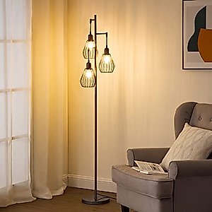EDISHINE Industrial Tree Floor Lamp for Living Room, Farmhouse Tall Standing Lamps with 3 Elegant Teardrop Cage Head & 3000K Edison Bulbs, Rustic Vintage Reading Lamp for Bedroom Brown