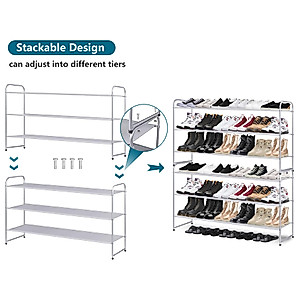 AOODA 3 Tier Long Shoe Rack for Closet Floor Wide Stackable Sneaker Shelf 24-Pairs Fabric Shoe Storage Organizer for Bedroom (Gray)
